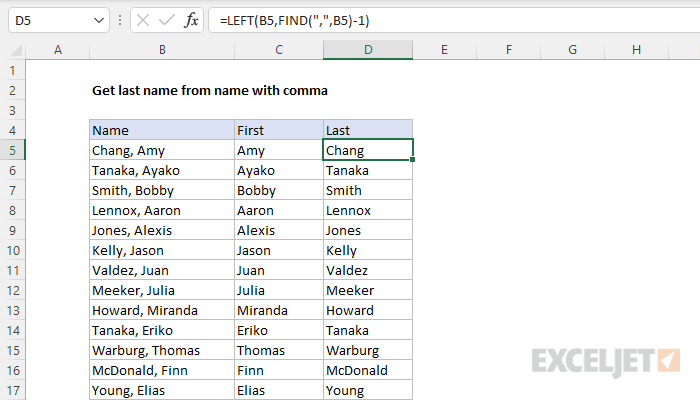 Excel Formula Get Last Name From Name With Comma Exceljet